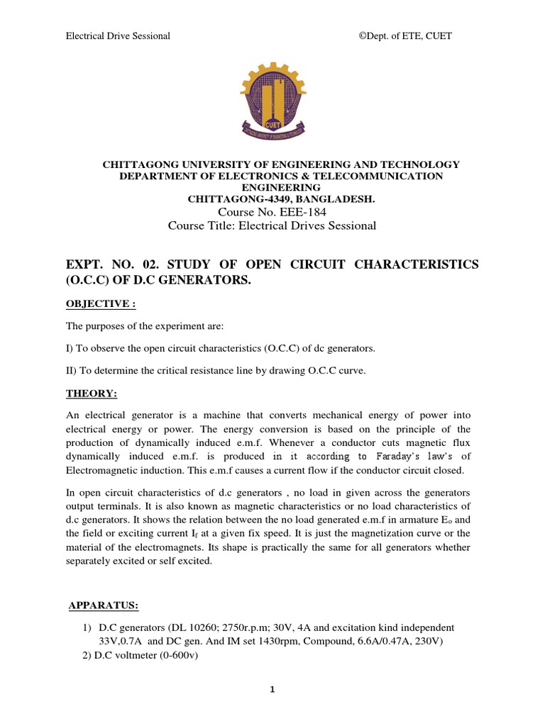 Exp - 2. Study of O.C.C of D.C. Generator | Download Free PDF | Electric Generator | Physics