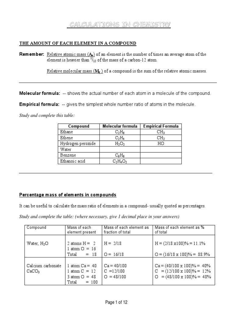 Booklet - Mole Calculations | PDF | Mole (Unit) | Gases