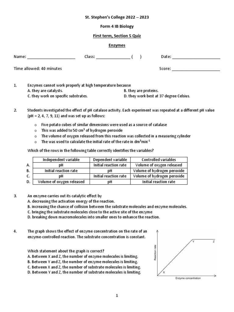 Form 4 - ch5 - Quiz - 2223 - Ans | PDF | Enzyme | Chemical Reactions