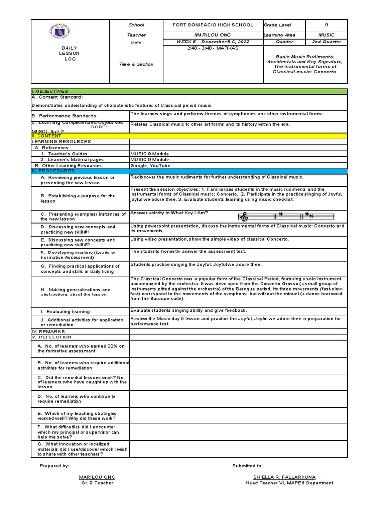 Grade9 Week5 Music DLL Format | PDF | Learning | Cognition