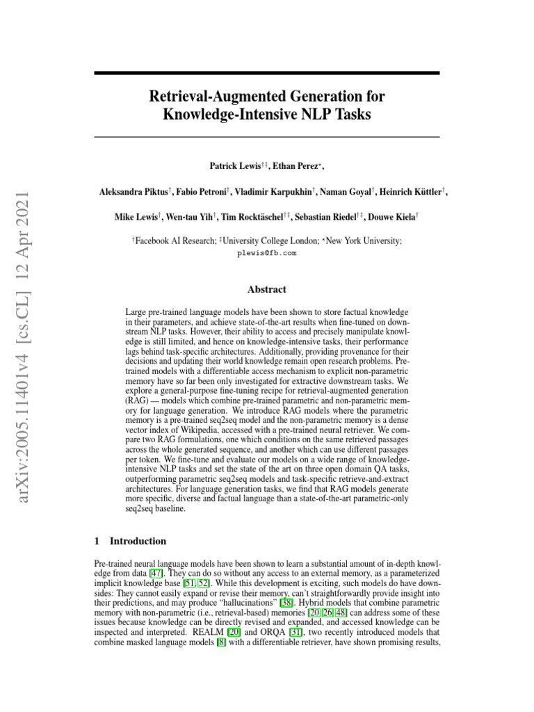 RAG For Knowledge Intensive Tasks | PDF | Cognition | Cognitive Science