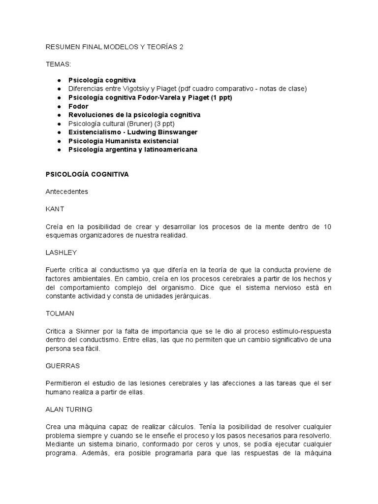 Resumen Final Modelos y Teorias 2 Ub | PDF | Sicología | Pensamiento