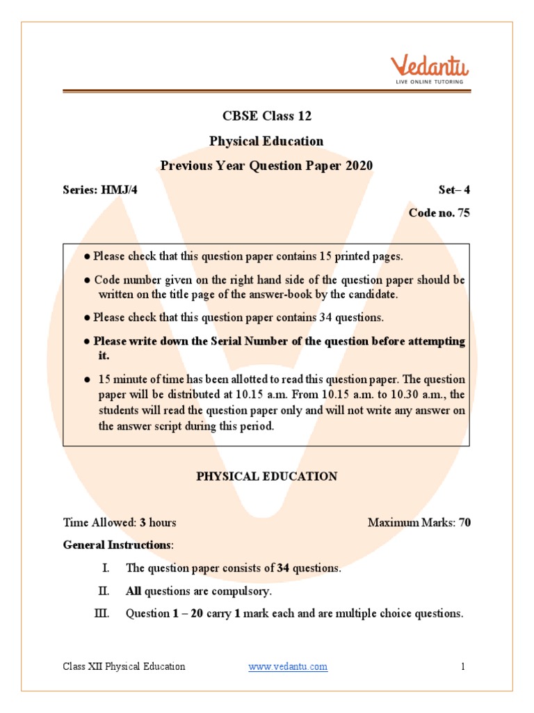 CBSE Class 12 Physical Education Question Paper 2020 | Download Free ...
