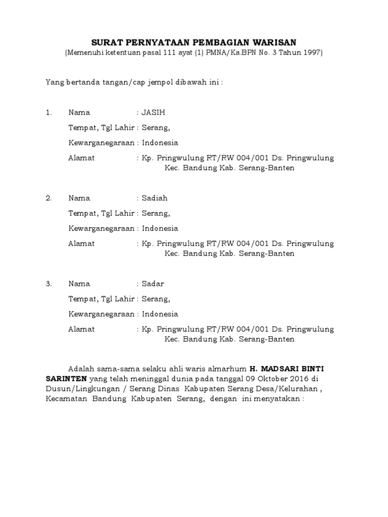 Surat Pernyataan Pembagian Warisan | PDF