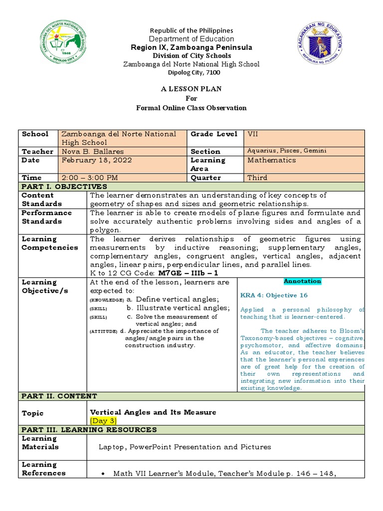 Grade 7 Math Lesson Plan: Vertical Angles | PDF | Teaching Method | Learning