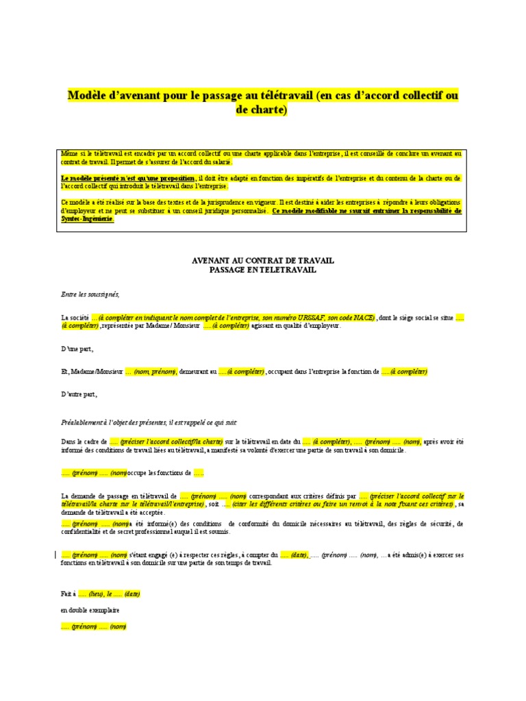 Modèle Davenant Passage Au Télétravail en Cas Daccord Ou de CharteSI ...