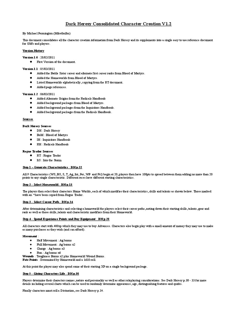 Dark Heresy Consolidated Character Creation | PDF
