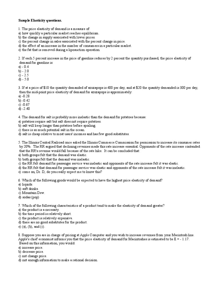 Price Elasticity Practice Questions | PDF | Elasticity (Economics ...