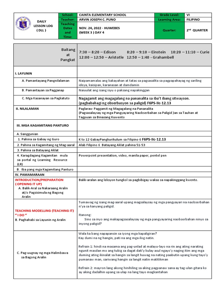 DLL Q2 - Filipino 6 - Week 3 - Day 4 | PDF