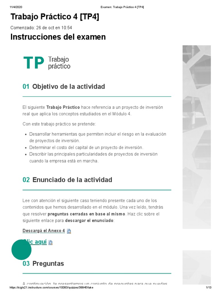 Examen Trabajo Práctico 4 Formulacion y Evaluac de Proy TP4 Fer | PDF | Prueba (evaluación ...