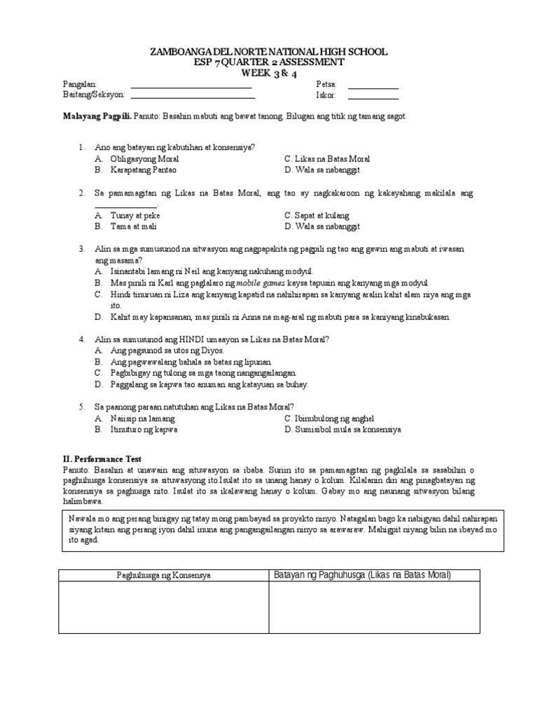Esp 7 Q2 Assessment Week 3 4 1 | PDF