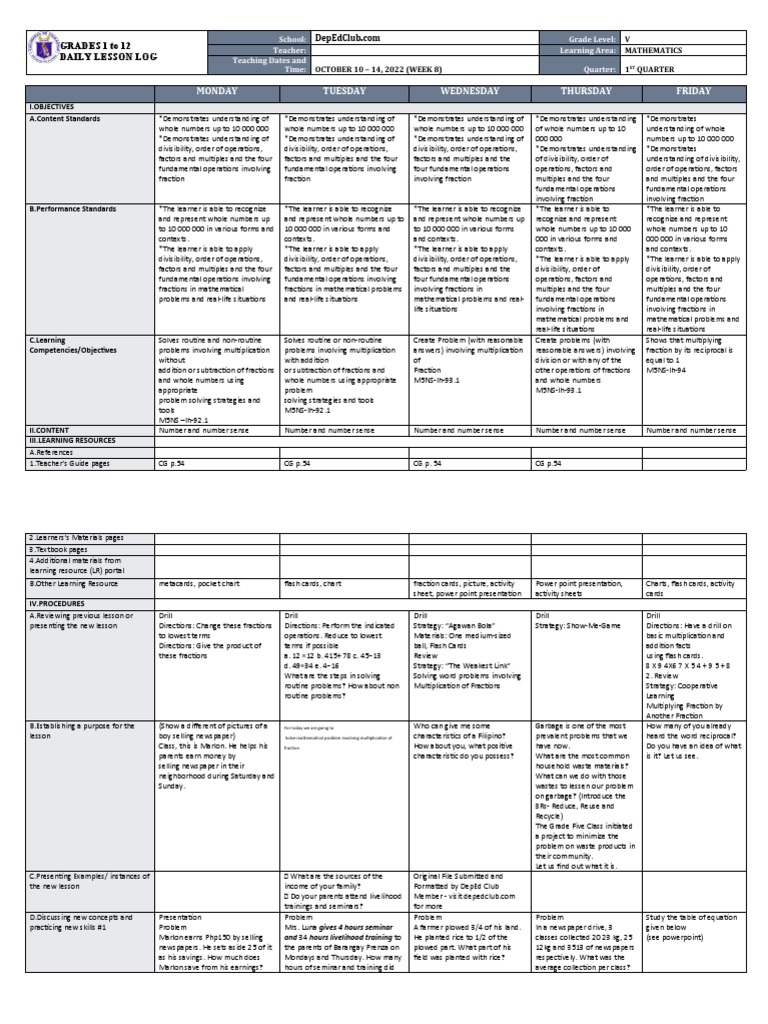Grade 5 Math Lesson Plan | PDF | Multiplication | Learning