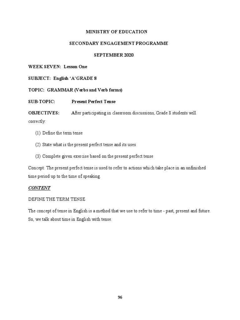Grade 8 English Language Week 7 Lesson 1 Pdf Grammatical Tense