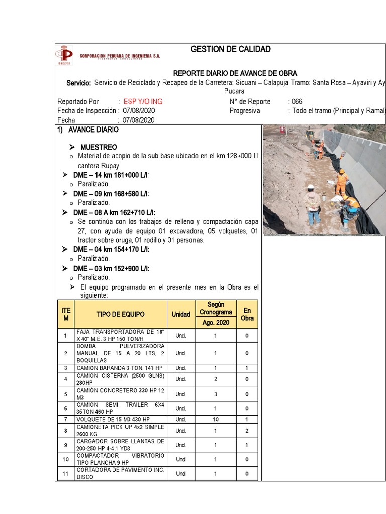 Reporte de Avance Diario 07-08-2020 | PDF | Ingeniero civil | Material compuesto