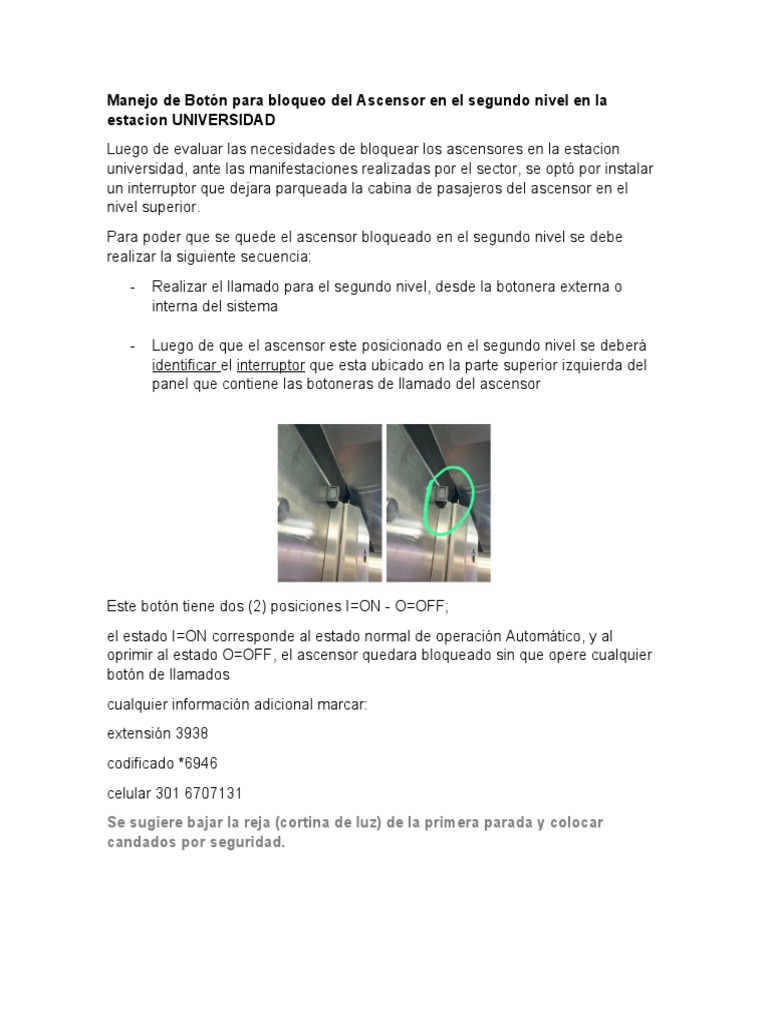 Manejo de Botón para Bloqueo Del Ascensor en El Segundo Nivel en La Estacion UNIVERSIDAD | PDF