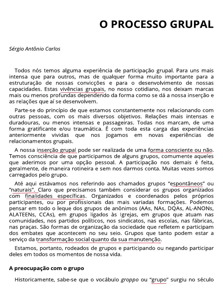O Processo Grupal - Sergio Antonio Carlos | PDF
