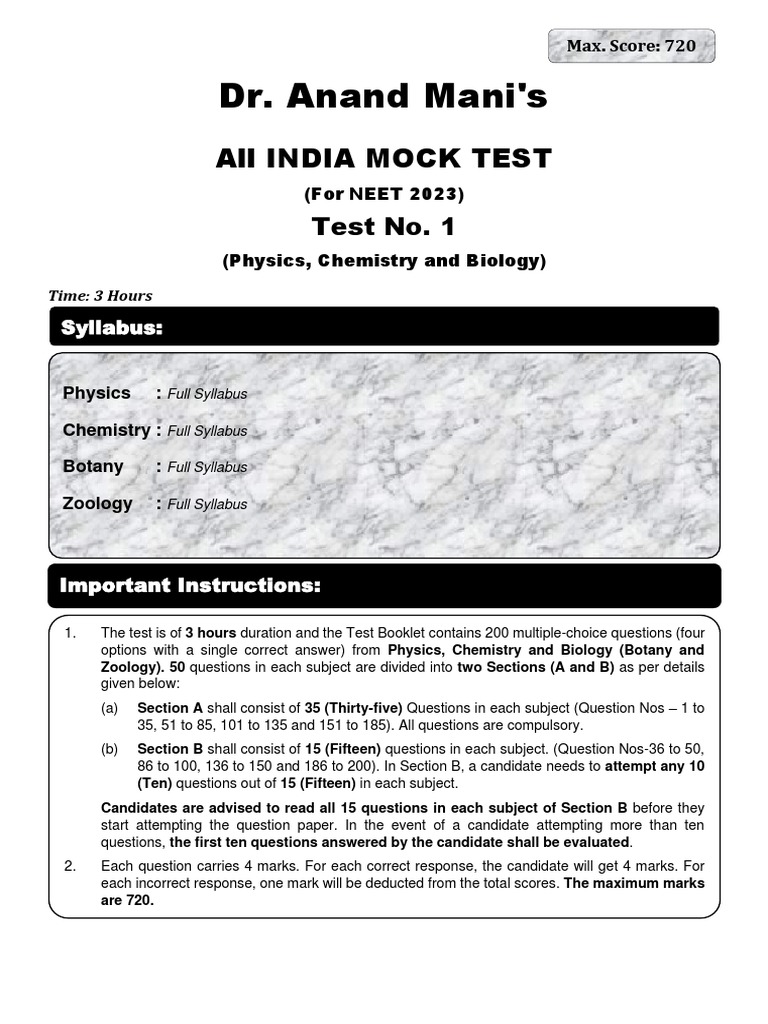 Test No-1 - Mock Test Series - NEET - Phy - Chem - Bio Questions | PDF ...