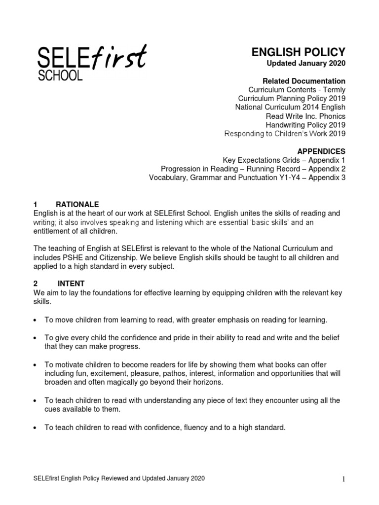 English Policy January 2020 2 | PDF | Reading Comprehension | Teaching ...