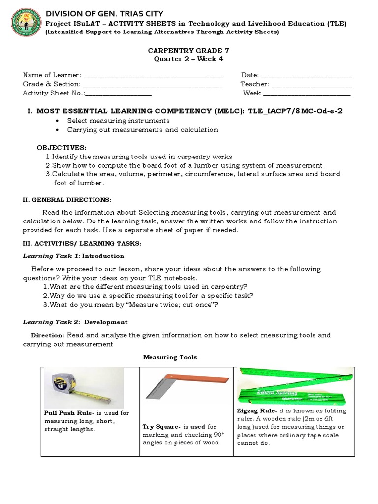 As - Carpentry 7 - W4-Q2 | PDF | Foot (Unit) | Inch