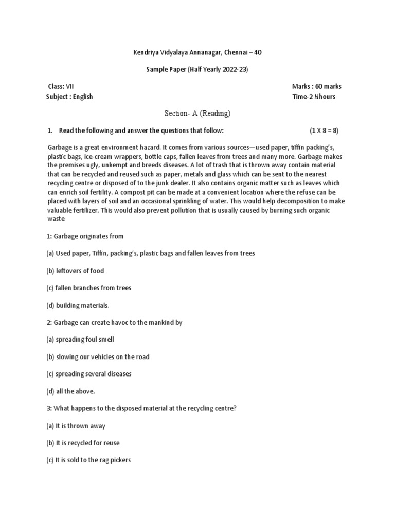 Class 7 Sample Paper-1 | PDF | Air Pollution | Waste