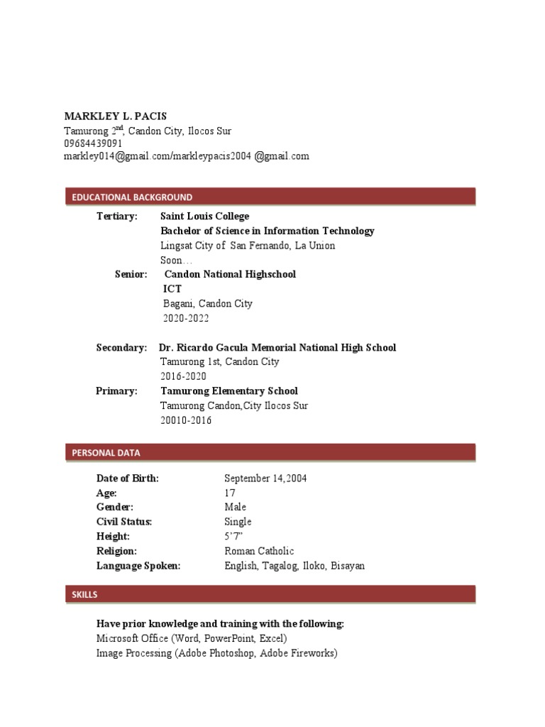 Markley P. Resume ICT 12 | PDF