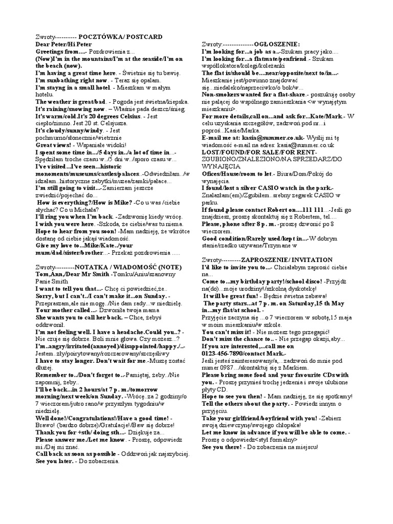 Zwroty - Krótkie Wypowiedzi Pisemne | PDF