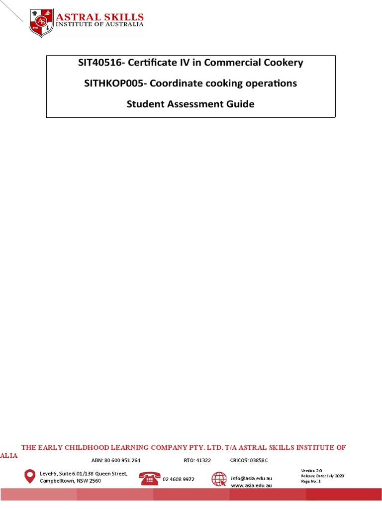 SITHKOP005 - Coordinate Cooking Operations Student Guide | PDF | Menu ...