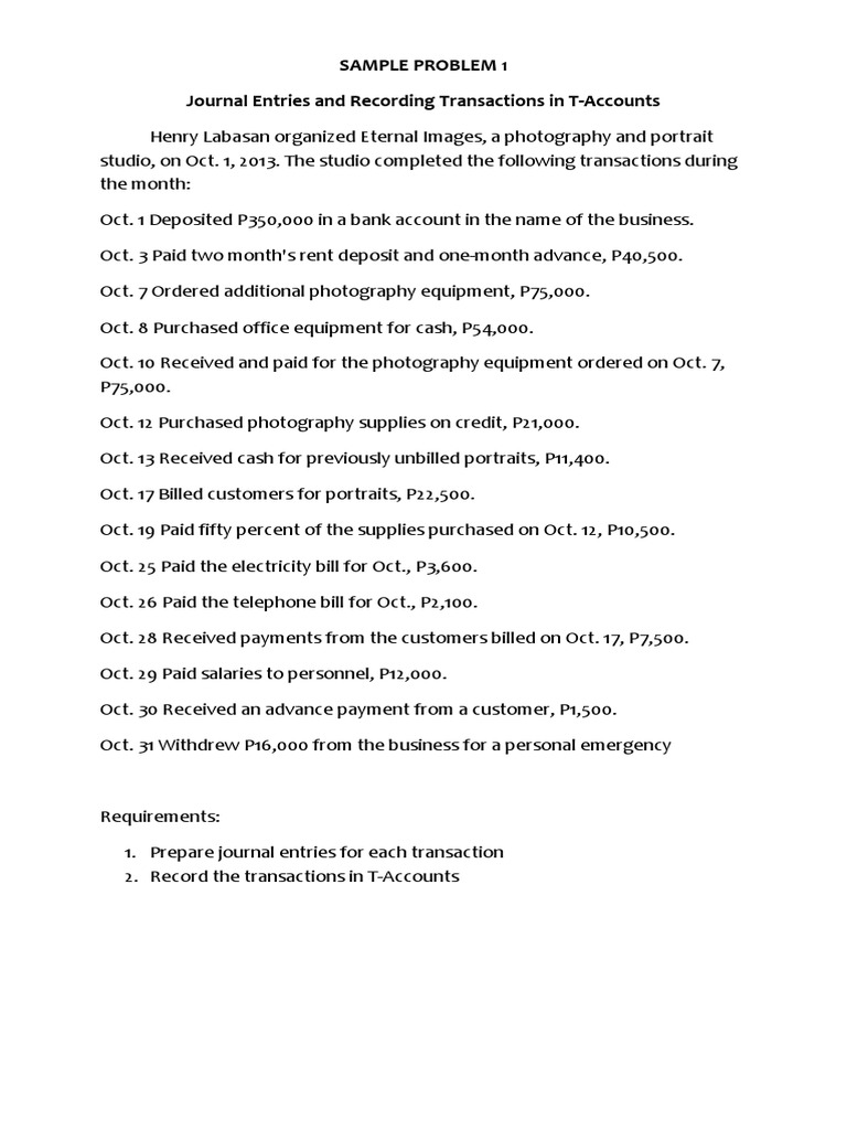Sample Problem 1 - Journal Entries and T Accounts | PDF