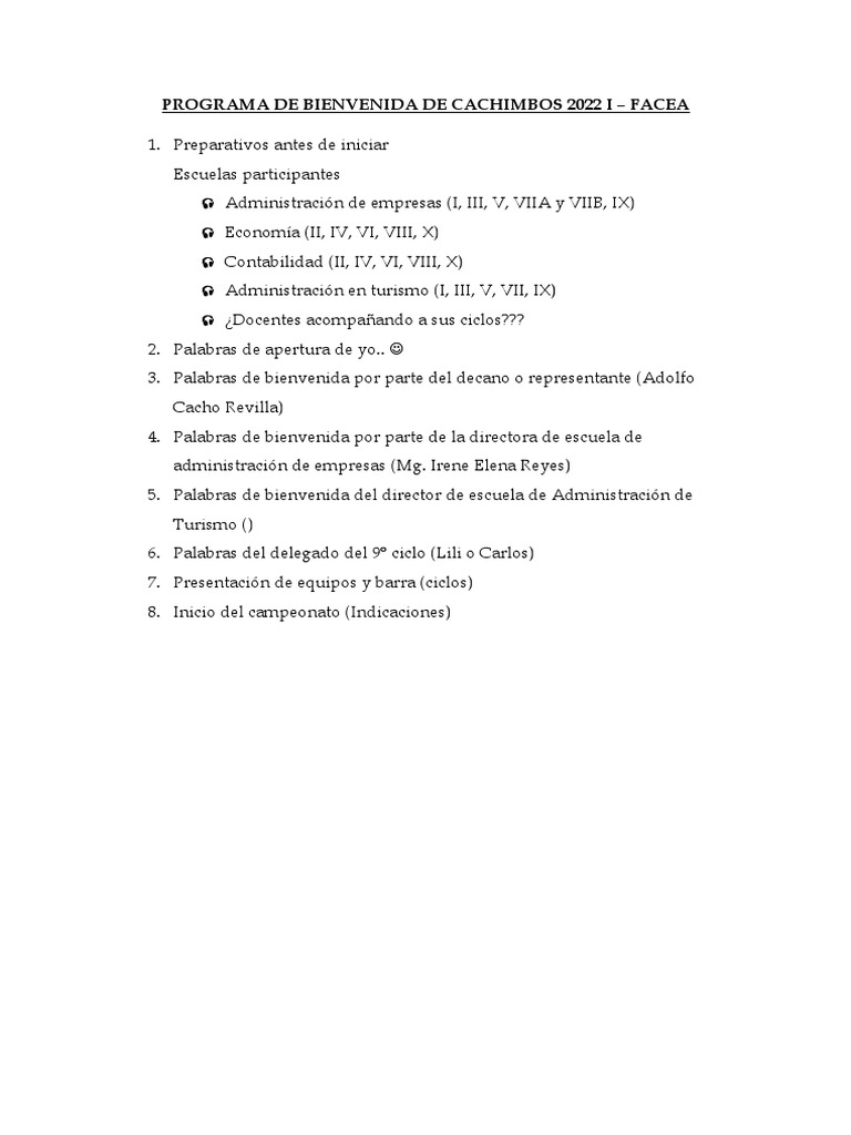 Programa de Bienvenida de Cachimbos 2022 I | PDF