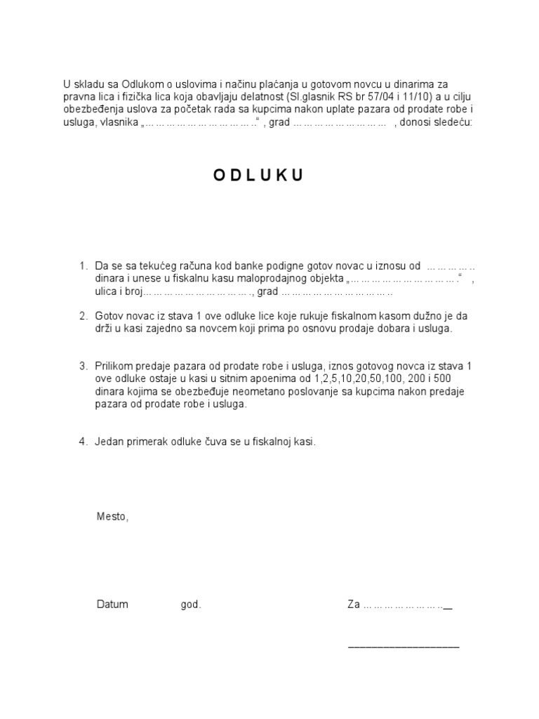 Odluka o Depozitu U Kasi | PDF