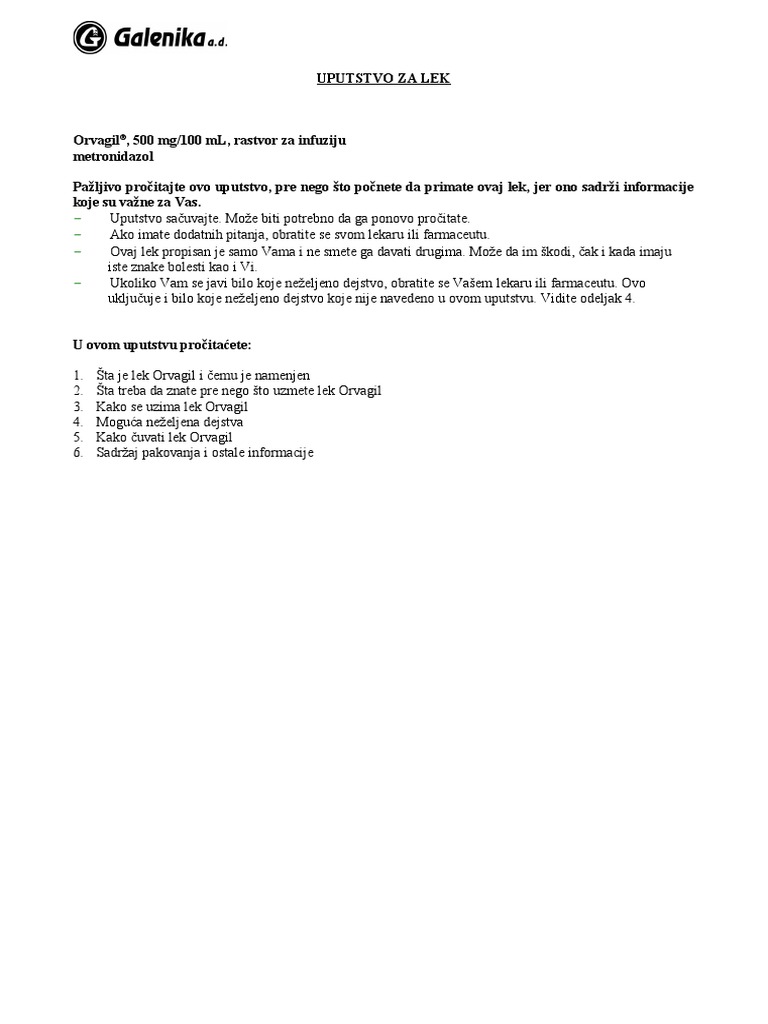 ORVAGIL Rastvor Za Infuziju PIL - PN 4999 08 | PDF