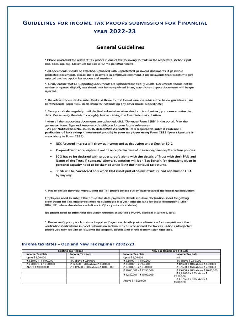 Income Tax Proof Submission Guide FY 2022-23 | PDF | Loans | Insurance