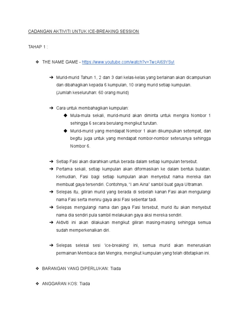 CADANGAN AKTIVITI UNTUK ICE-BREAKING SESSION - by - Hannah - Sabreena | PDF