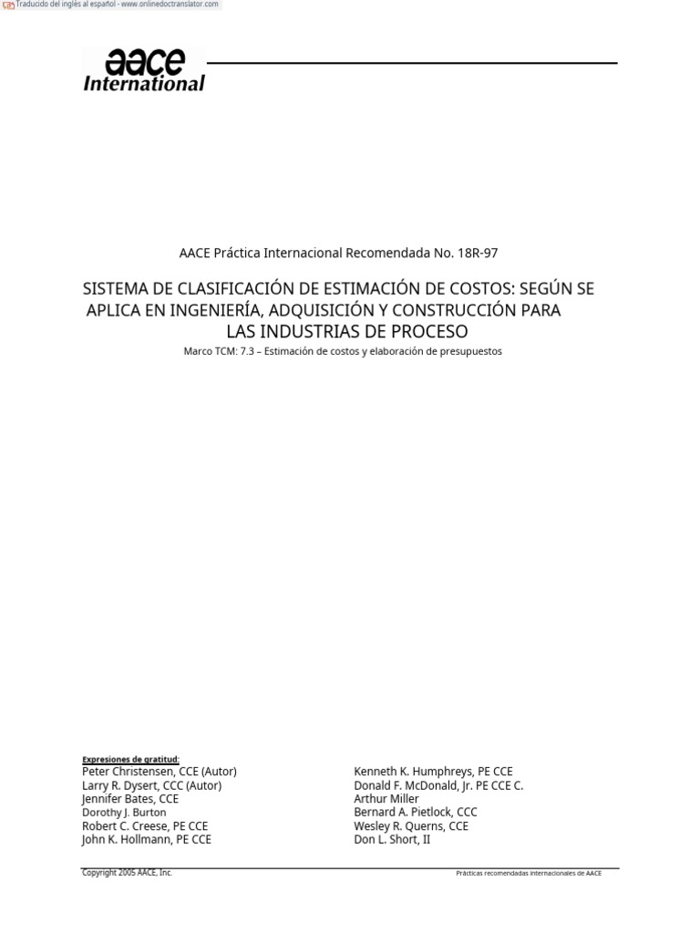 AACE CLASSIFICATION SYSTEM - En.es | PDF | Presupuesto | Ingeniería
