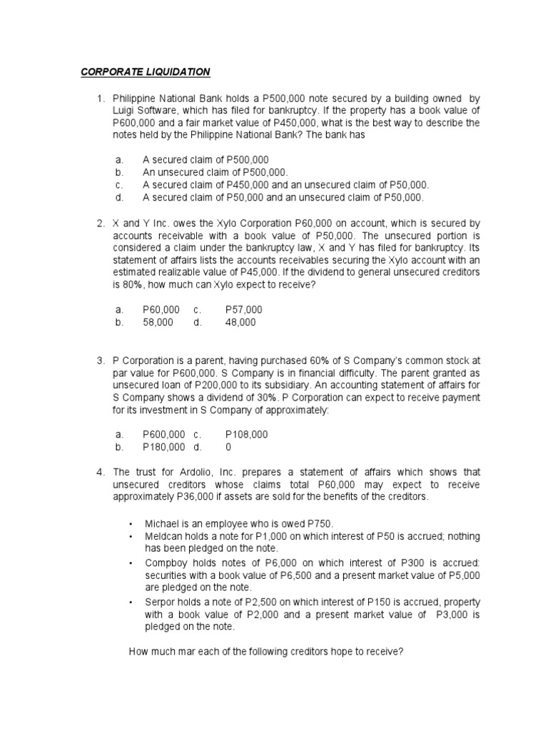 Corporate Liquidation-Exercises | PDF | Unsecured Debt | Book Value