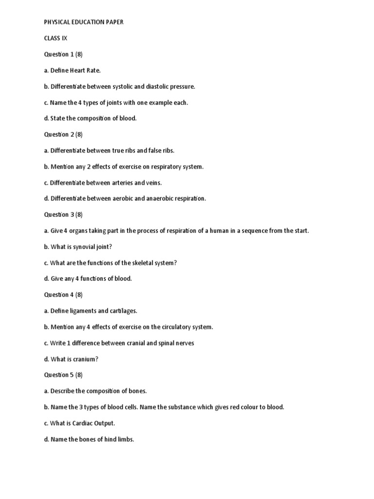 Physical Education Exam Paper Class 9 | PDF