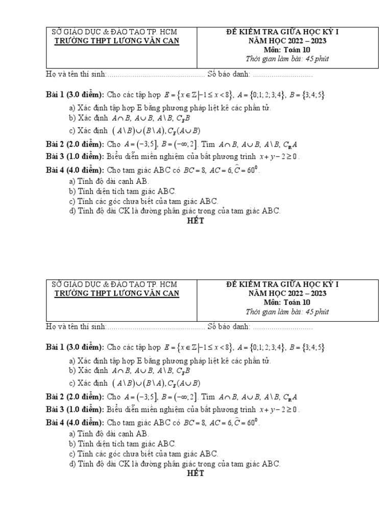 De Thi Giua Hki Toan 10 Nam 2022 2023 Truong THPT Luong Van Can TP HCM | PDF