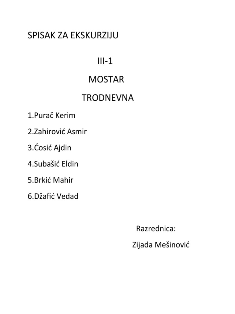Spisak Za Ekskurziju | PDF