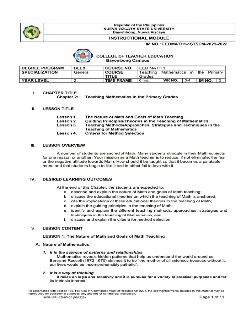 EED MATH 1 MODULE 2 (Teaching Mathematics in The Primary Grades) | PDF