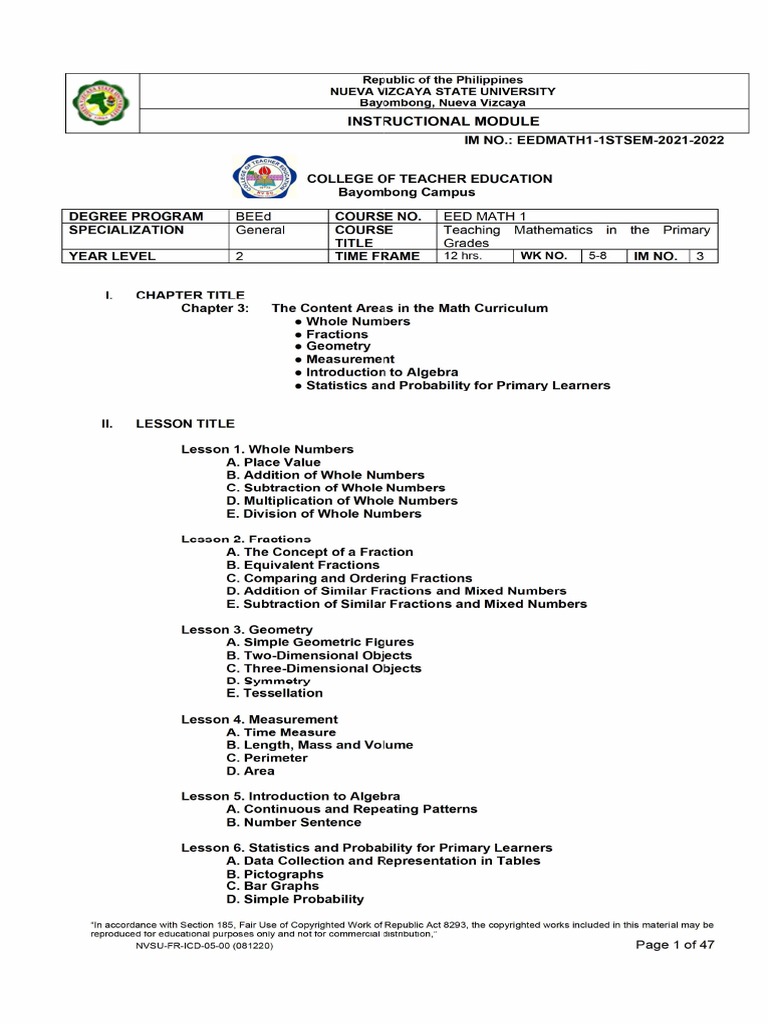 EED MATH 1 MODULE 3 (The Content Areas in The Math Curriculum) | PDF EED MATH 1 MODULE 3 (The Content Areas in The Math Curriculum) | PDF