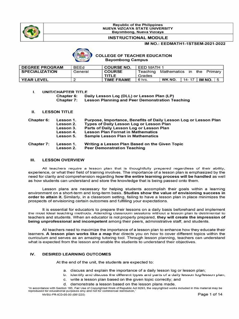 EED MATH 1 MODULE 5 (Daily Lesson Log (DLP) or Lesson Plan (LP) and Lesson Planning and Peer ...