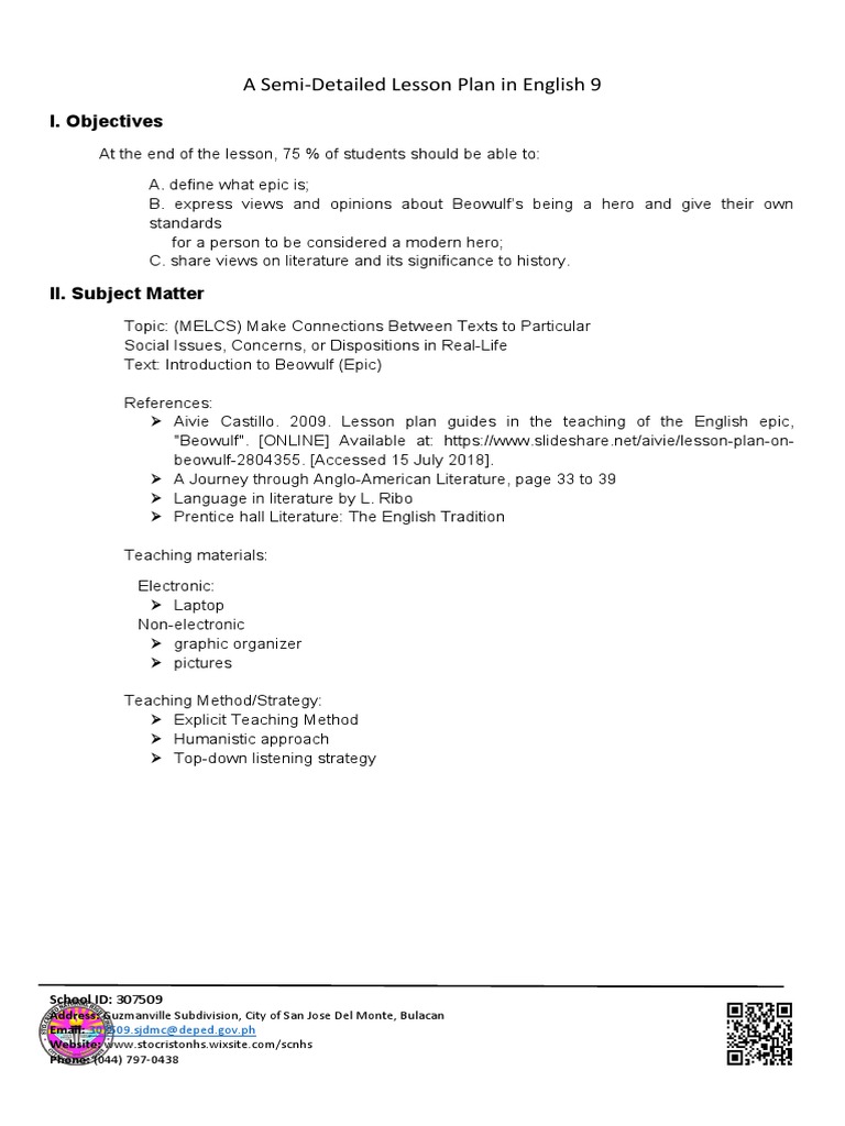 Semi Detailed Lesson Plan in English 9 | PDF | Lesson Plan | Beowulf