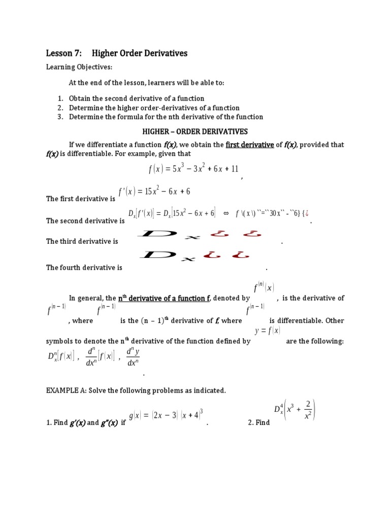 Higher Order Derivatives Explained | PDF | Derivative | Function ...