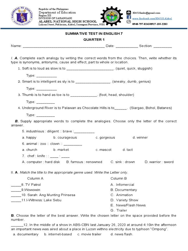 Q1-SUMMATIVE-TEST-and-TOS | PDF | Syntax | Language Mechanics