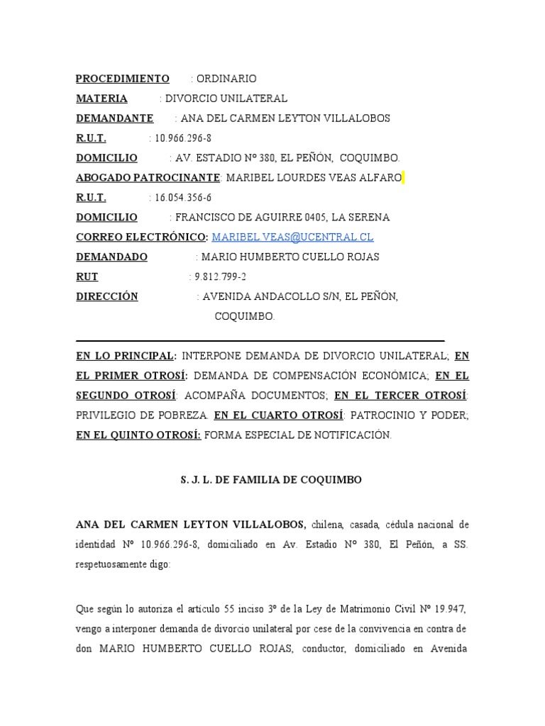 escrito de divorcio unilateral | PDF | Divorcio | Matrimonio