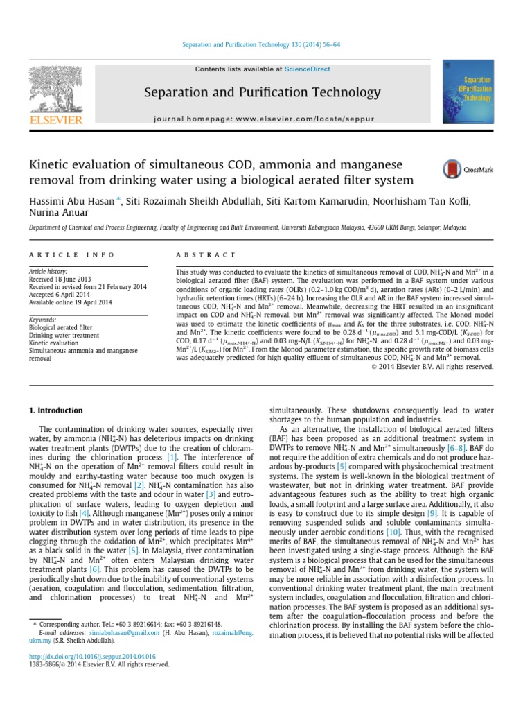 Kinetic Evaluation of Simultaneous COD, Ammonio and Manganese Removal ...