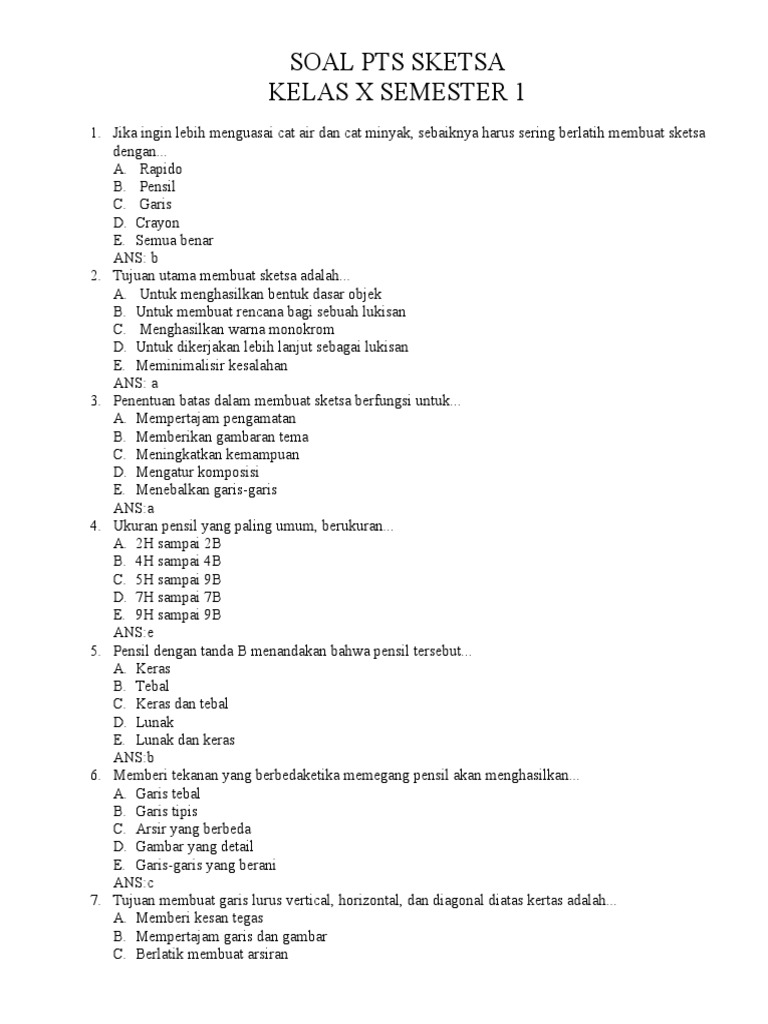 Soal PTS Sketsa Kelas X Semester 1 | PDF | Metode & Bahan Ajar | Seni