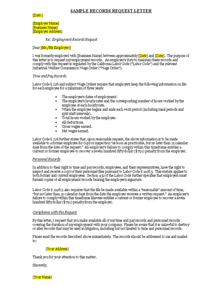 Sample-Records-Request-Letter | PDF | Employment | Labour Law