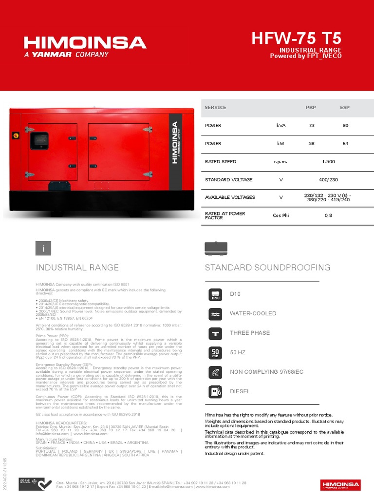 Generator Set Data Sheet HFW 75 t5 Soundproof English | PDF | Mains ...