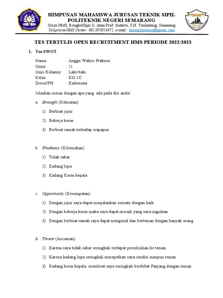 Form Tes Tertulis Oprect Hms 2021 | PDF